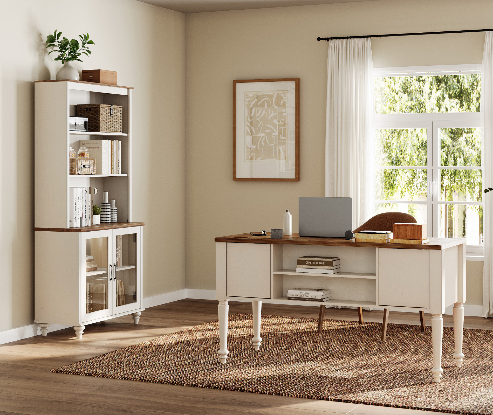 Winston Porter 2 Piece Office Set, 56" Executive Desk & Bookcase With Glass Doors, White | Wayfair